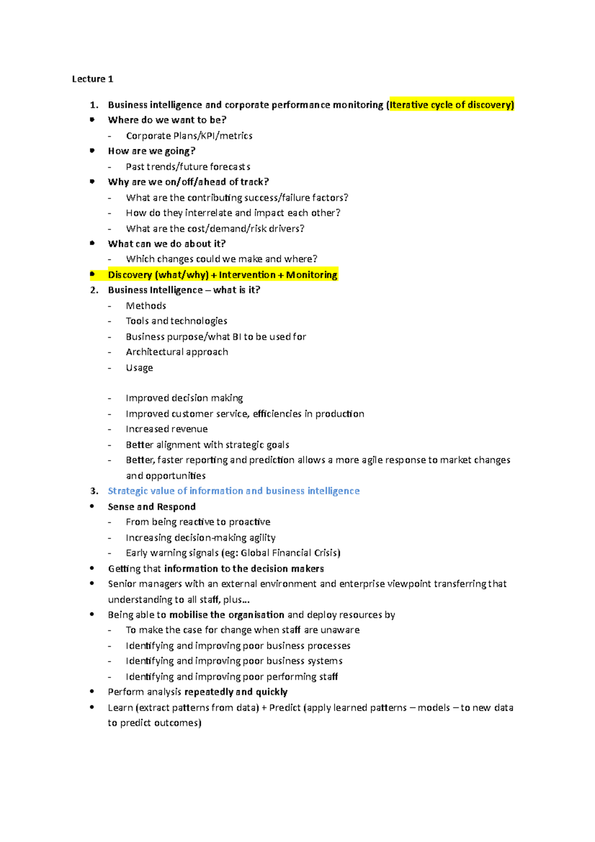 Summary - complete - business intelligence - infs 2036 - exam content ...