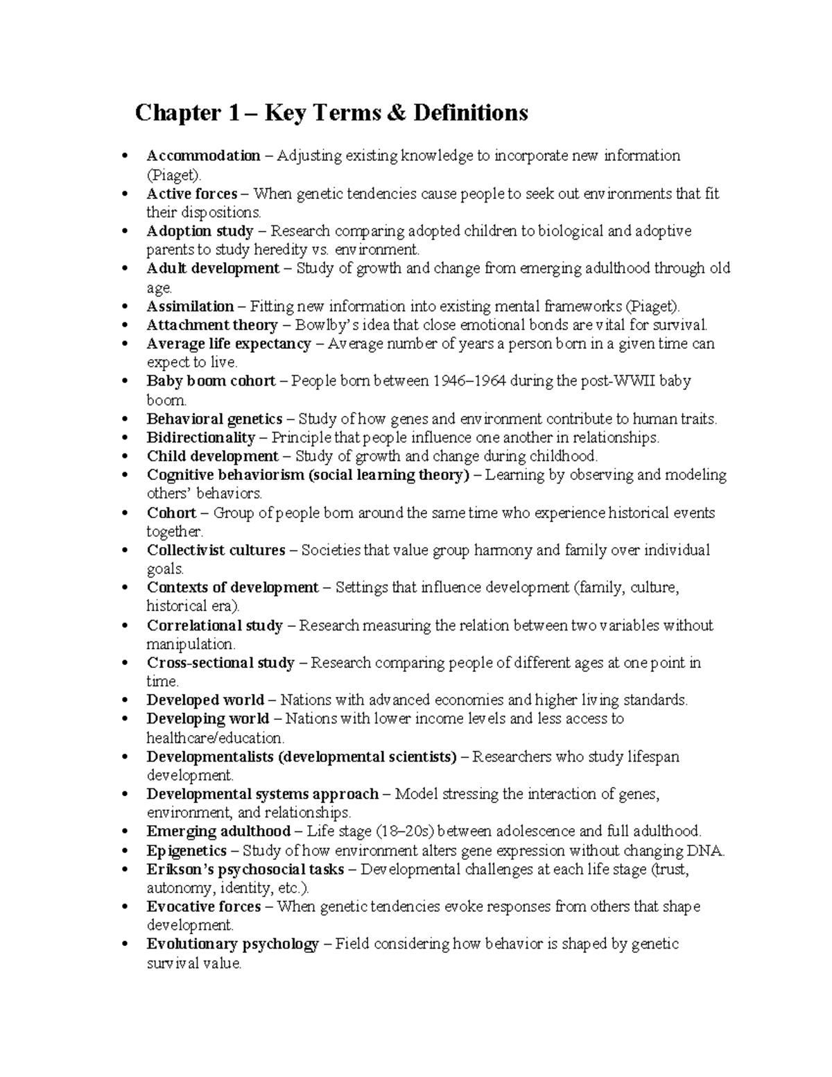 Developmental Psychology (PSY 101) Key Terms & Definitions: Chapters 1 ...