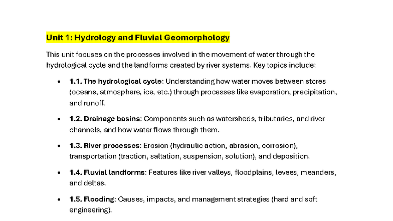 Unit 1: Hydrology & Fluvial Geomorphology Overview - Studocu