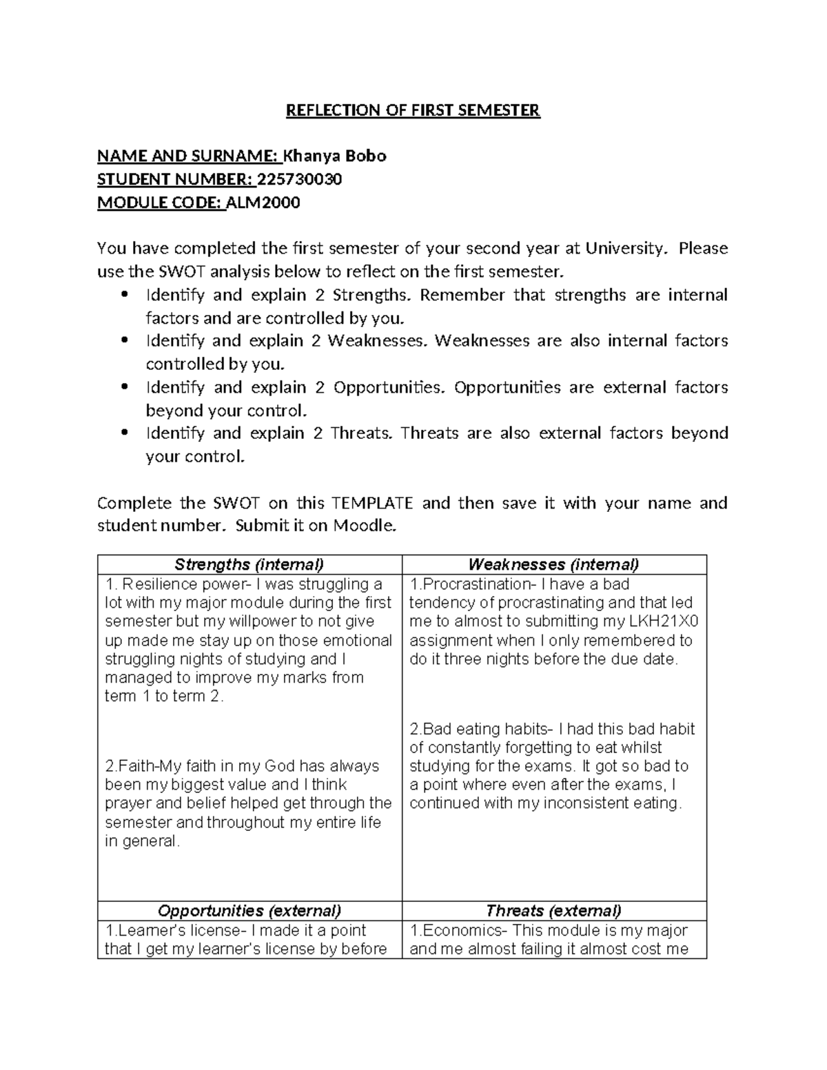 ALM2000 Reflection on First Semester: A SWOT Analysis - Studocu