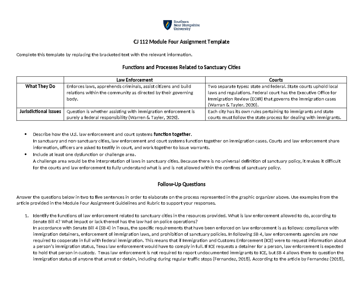 CJ 112 Module Four Assignment: Functions of Law Enforcement in ...