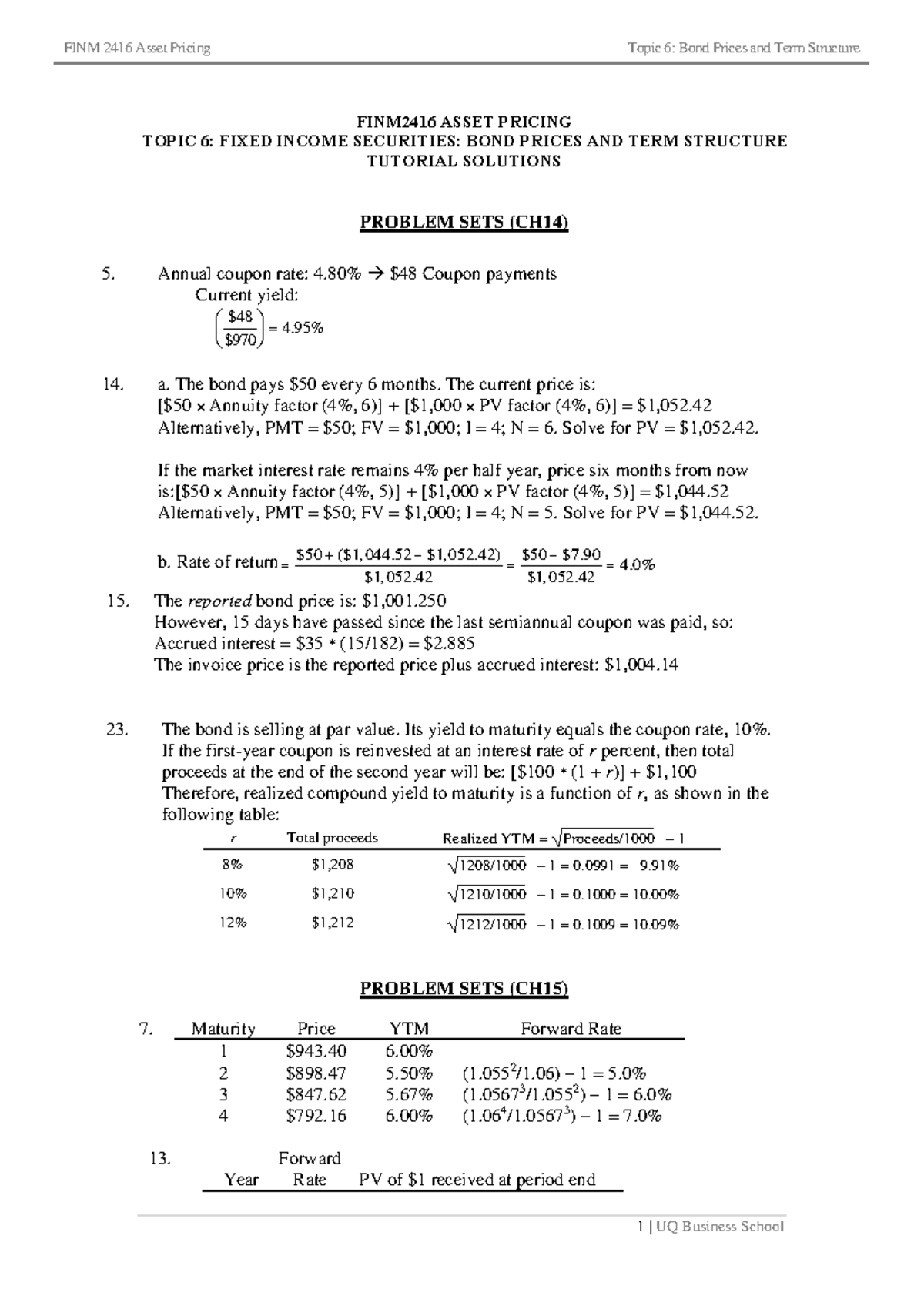 FINM 2416 Tutorial Solutions: Bond Prices & Term Structure (Week 6 ...