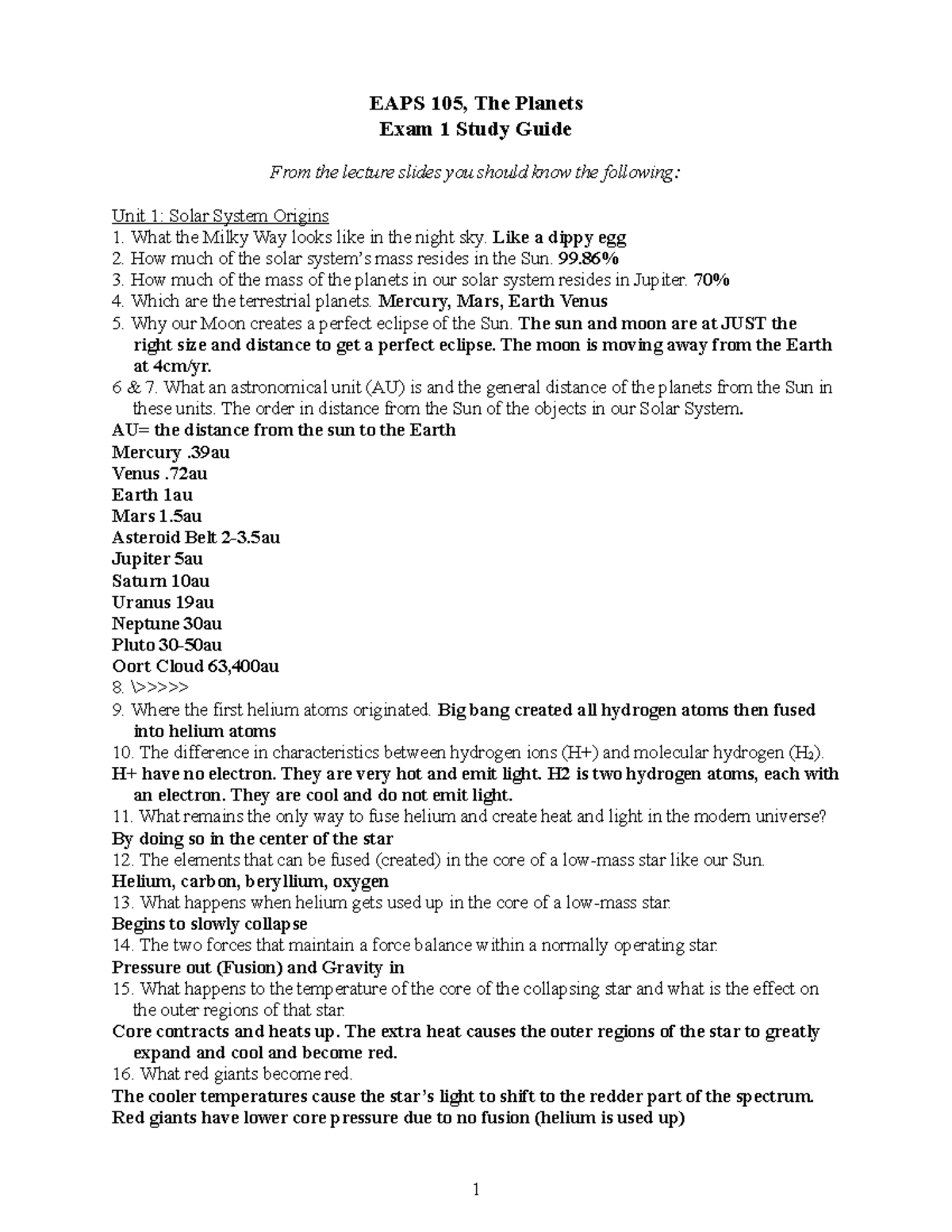 EAPS 105 Exam 1 Comprehensive Study Guide on The Planets - Studocu
