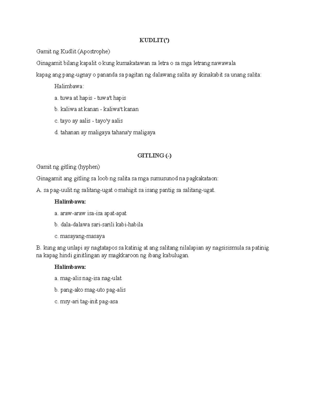Kudlit, Gitling, at Tutuldok: Mga Gamit at Halimbawa sa Wika - Studocu