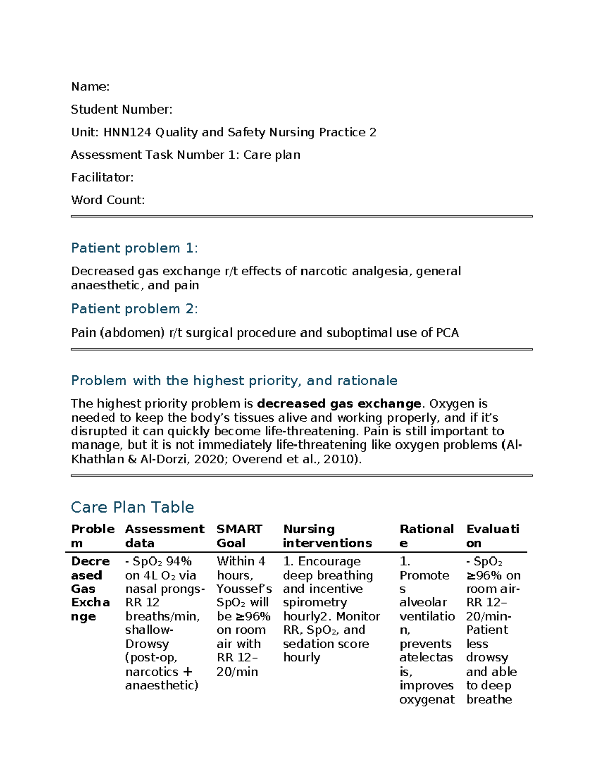 HNN124 Care Plan Assignment: Managing Gas Exchange & Pain - Studocu