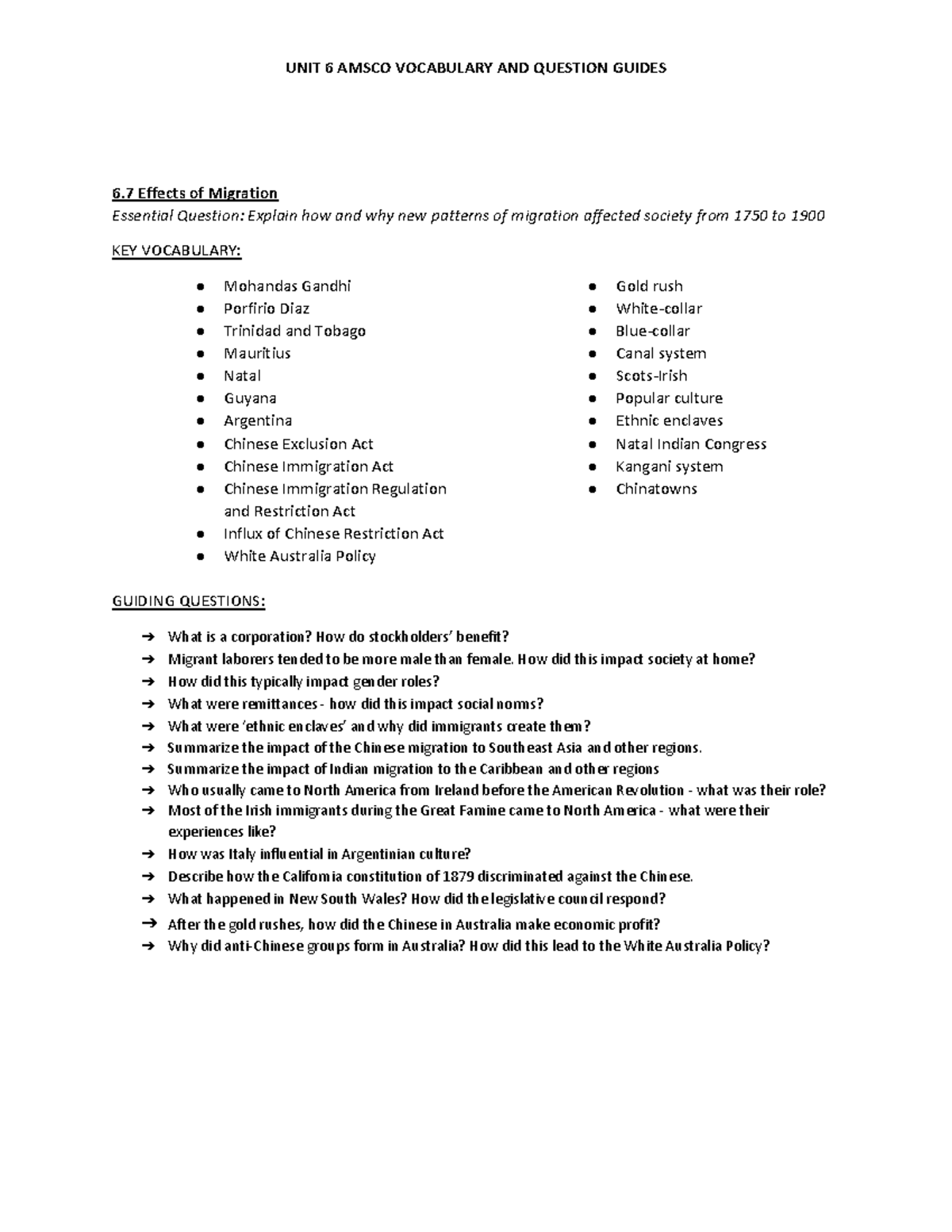 Unit 6 Reading Guides (1)-part-7 - UNIT 6 AMSCO VOCABULARY AND QUESTION ...