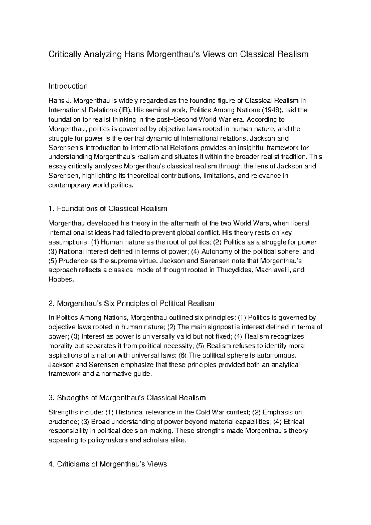 Morgenthau's Classical Realism: A Critical Analysis (IR 101) - Studocu