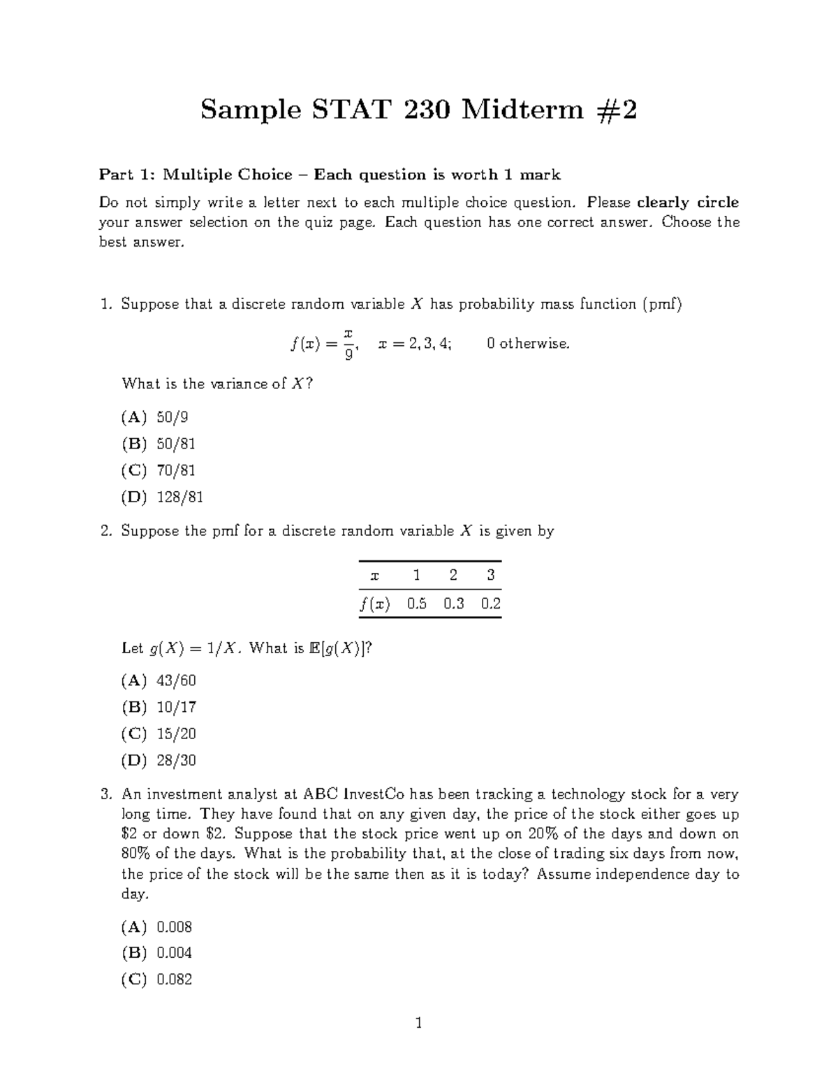 Sample STAT 230 Midterm 2: Multiple Choice & Written Answers - Studocu