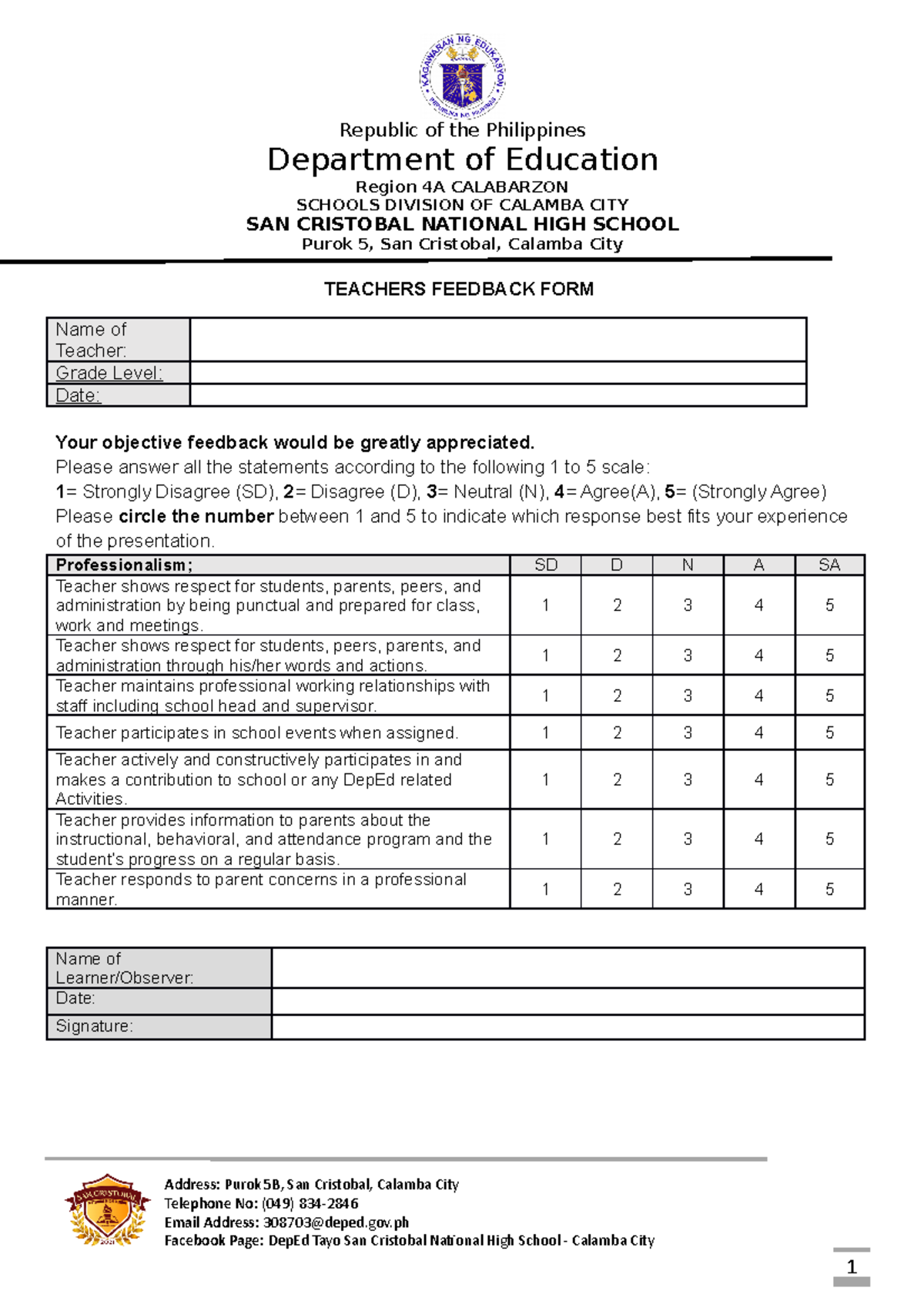 Teachers' Feedback Form - San Cristobal National HS Evaluation - Studocu