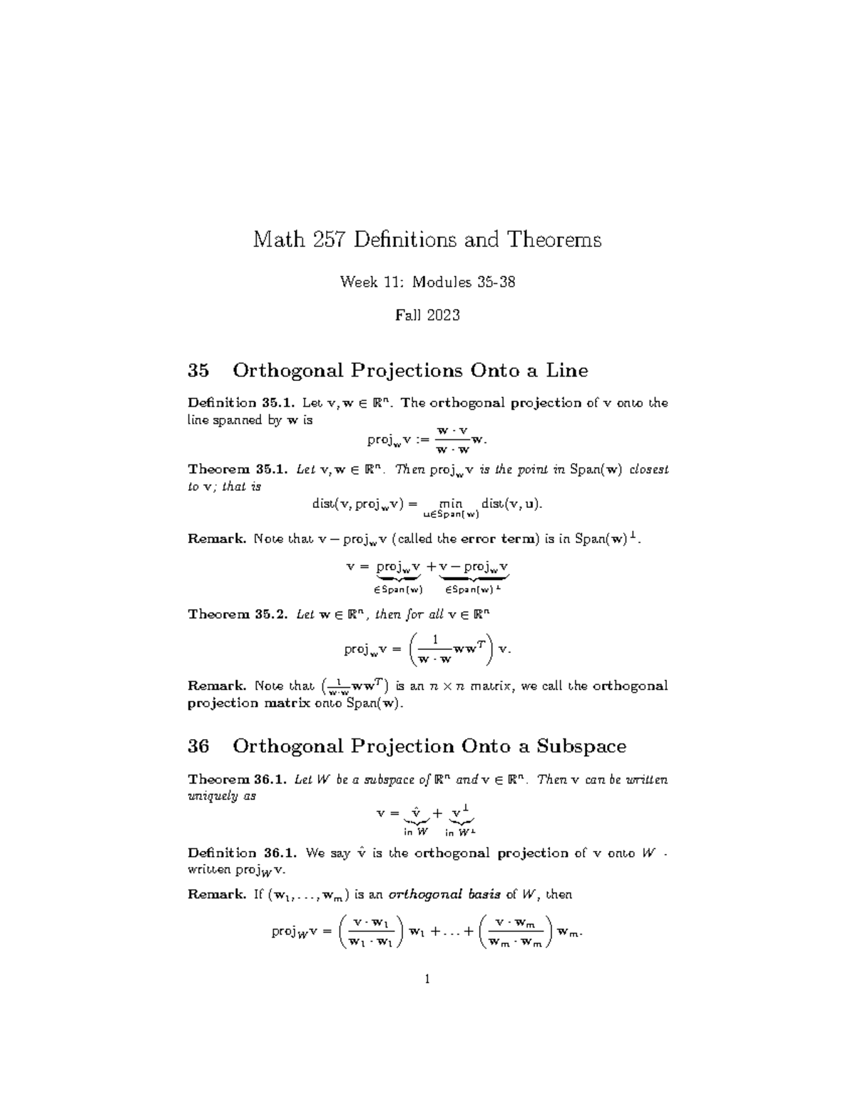 Math 257 Fall 2023 Final Exam Review: Orthogonal Projections - Studocu