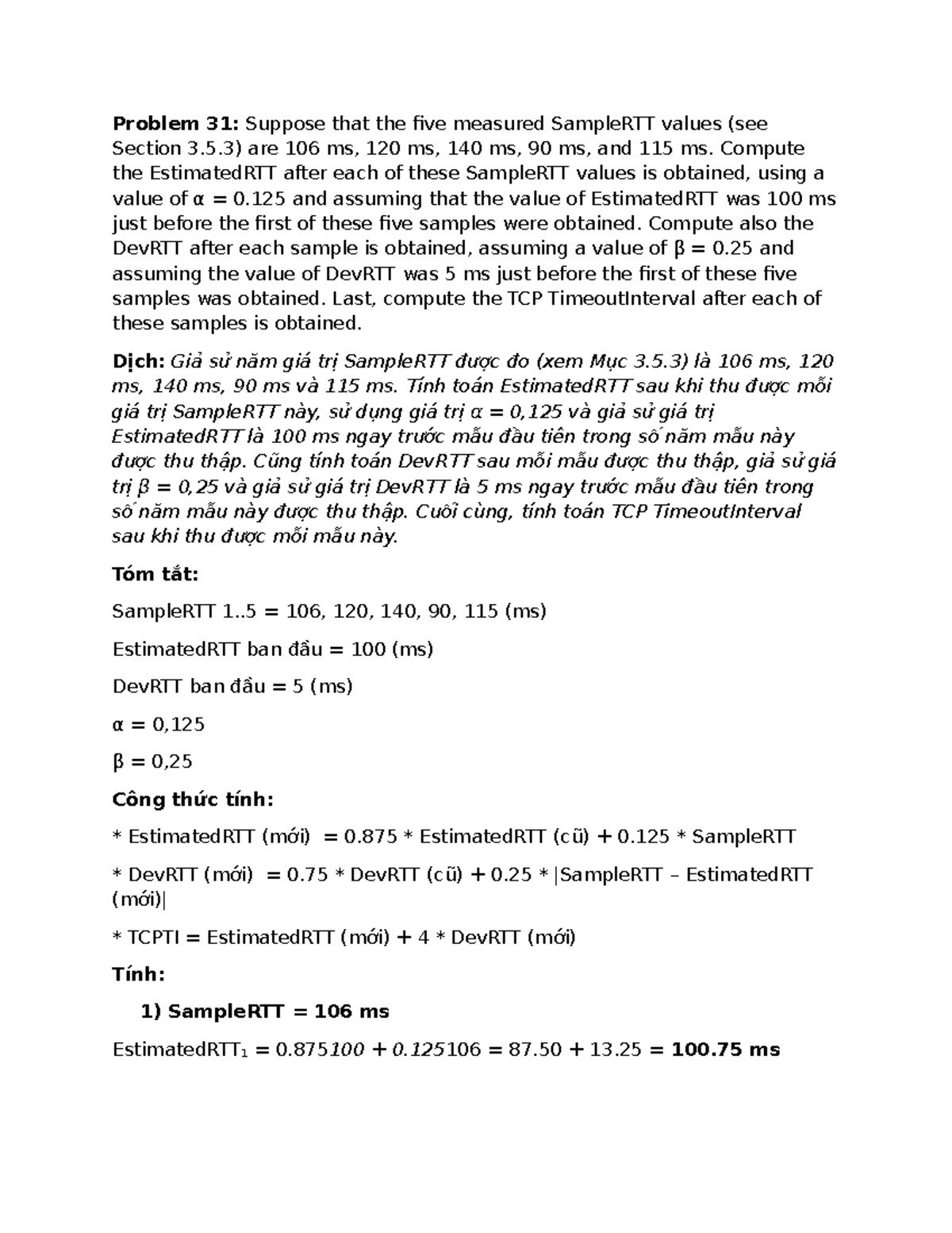 Chapter 3 - Problem 31: Calculating EstimatedRTT & TCP Timeout - Studocu