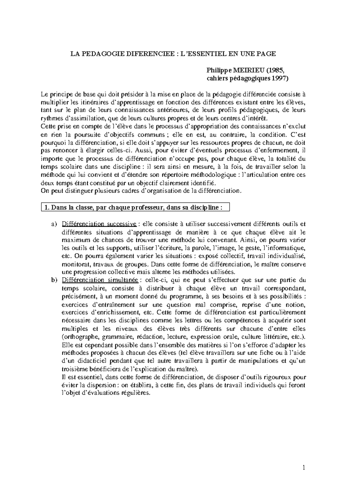 LA P DAGOGIE DIFF RENCI E L ESSENTIEL EN UNE PAGE Meirieu 1997