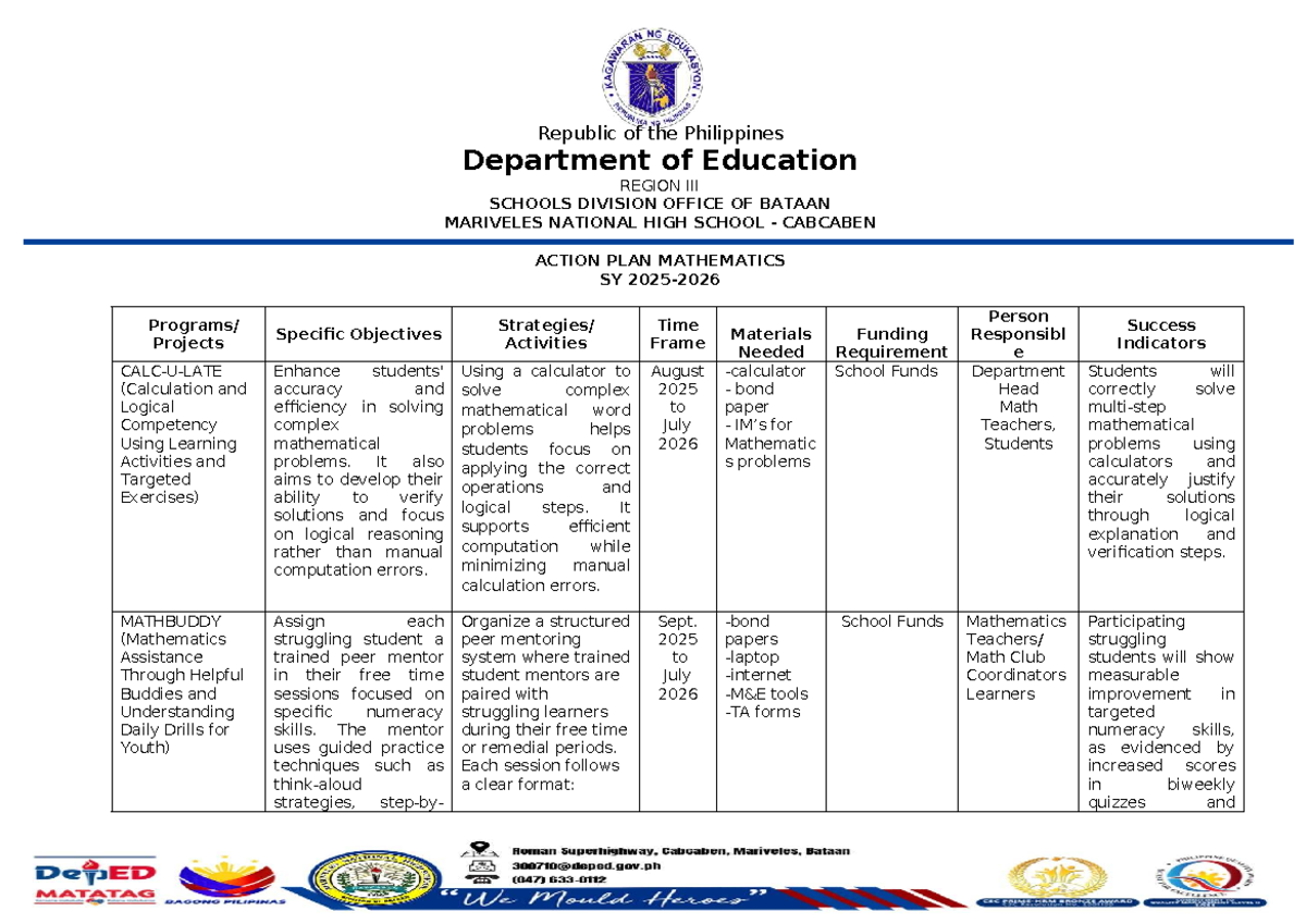 Action Plan for Mathematics SY 2025-2026: MATHBUDDY & MATHGROW - Studocu