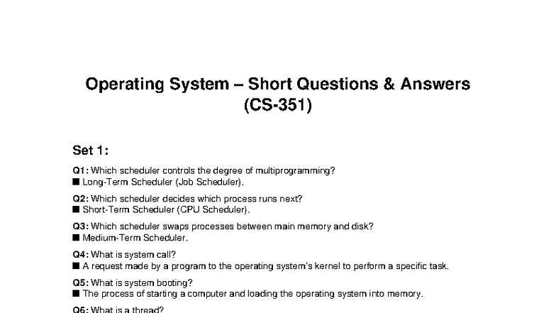 Operating System Short Questions & Answers Set 1 (OS 101) - Studocu