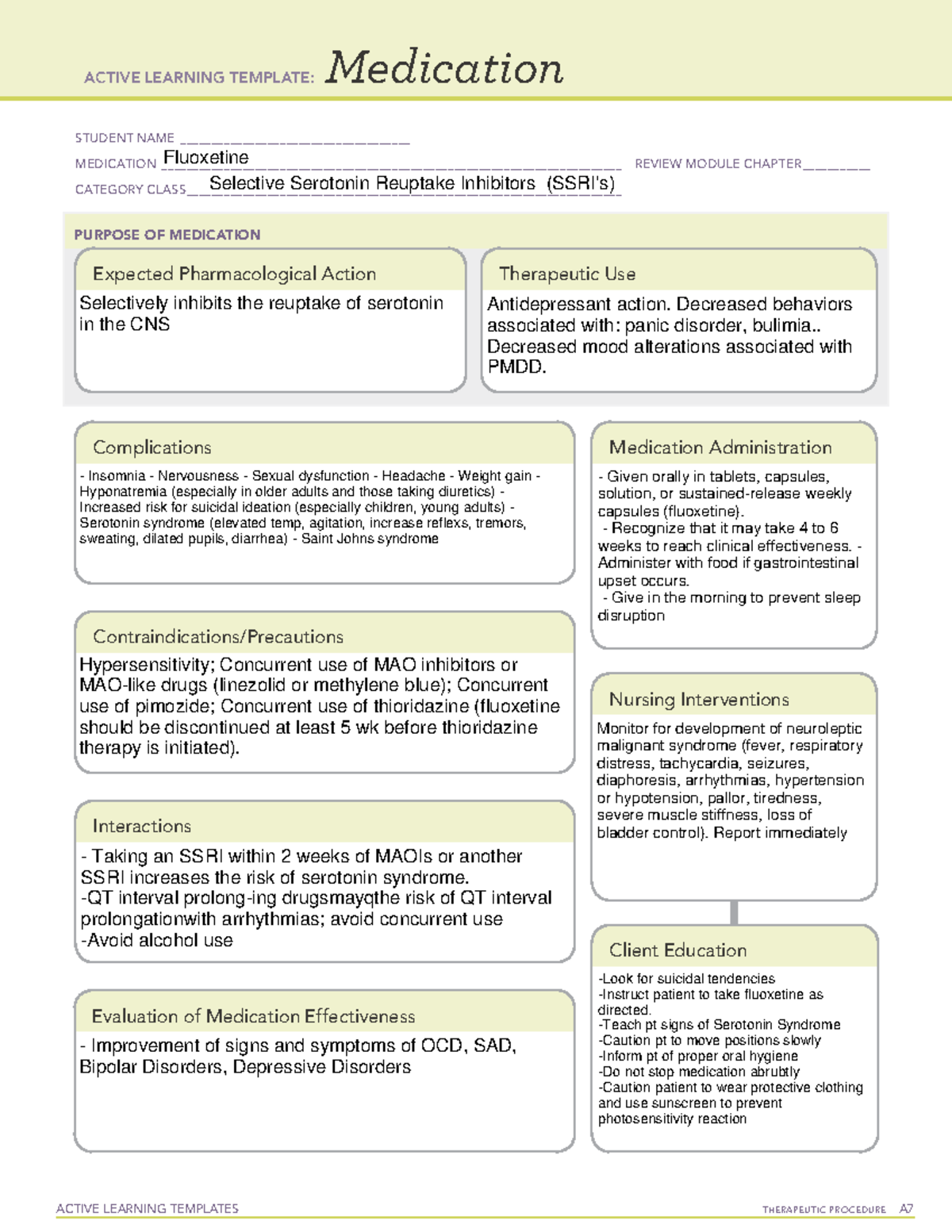 ATI Medication Guide: Fluoxetine (SSRI) Details and Nursing ...
