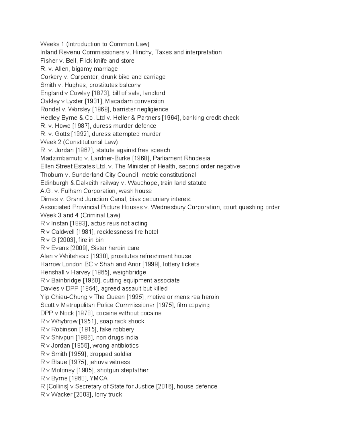Case Law Summaries: Weeks 1-6 (Common, Constitutional, Criminal ...