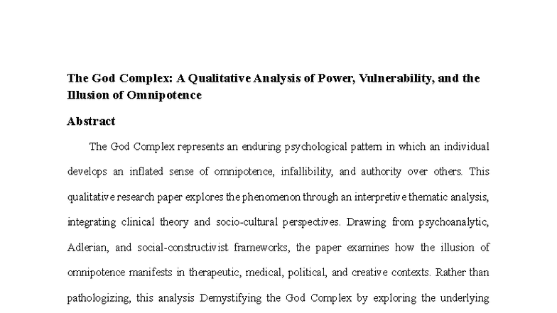 Psychotherapy Assignment - The God Complex: A Qualitative Analysis of ...