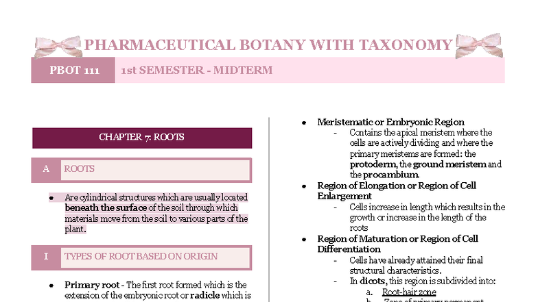 PHARMACEUTICAL BOTANY WITH TAXONOMY PBOT 1st SEMESTER MIDTERM CHAPTER 7 ...