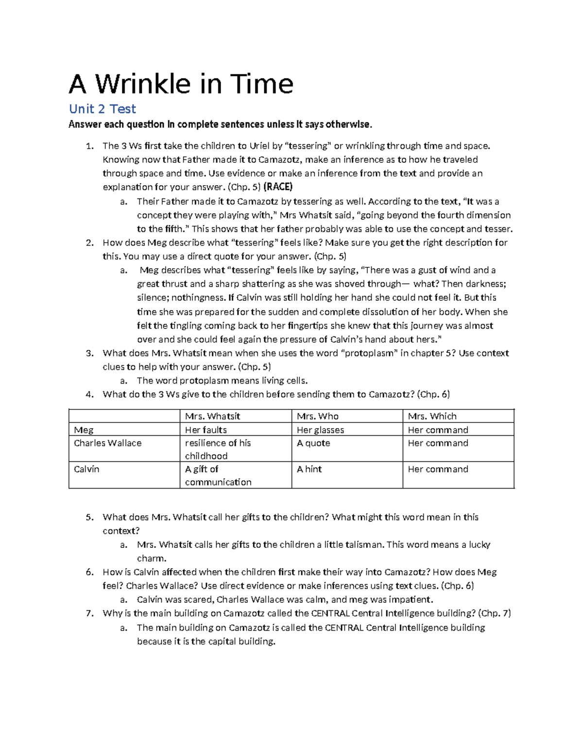 A Wrinkle in Time - ENG101 Unit 2 Test Review & Answers - Studocu
