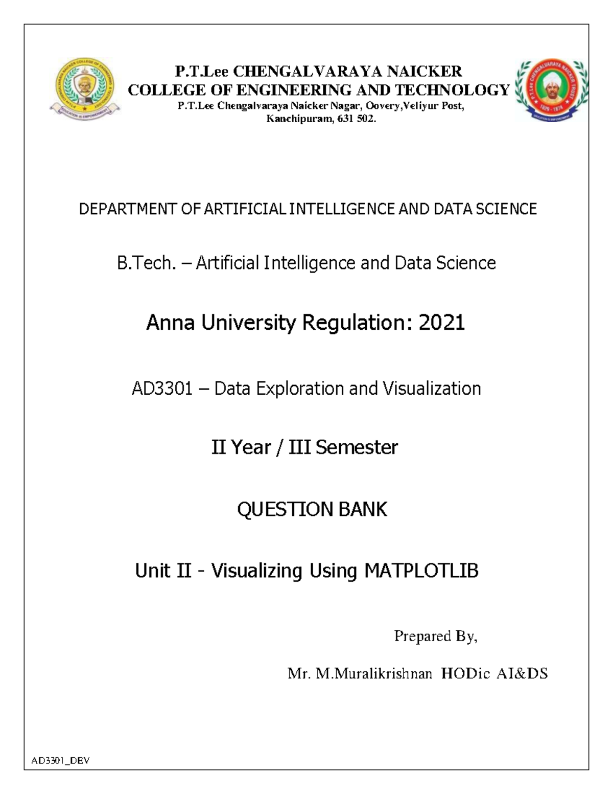 AD3301 Data Exploration & Visualization Unit II Question Bank - Studocu