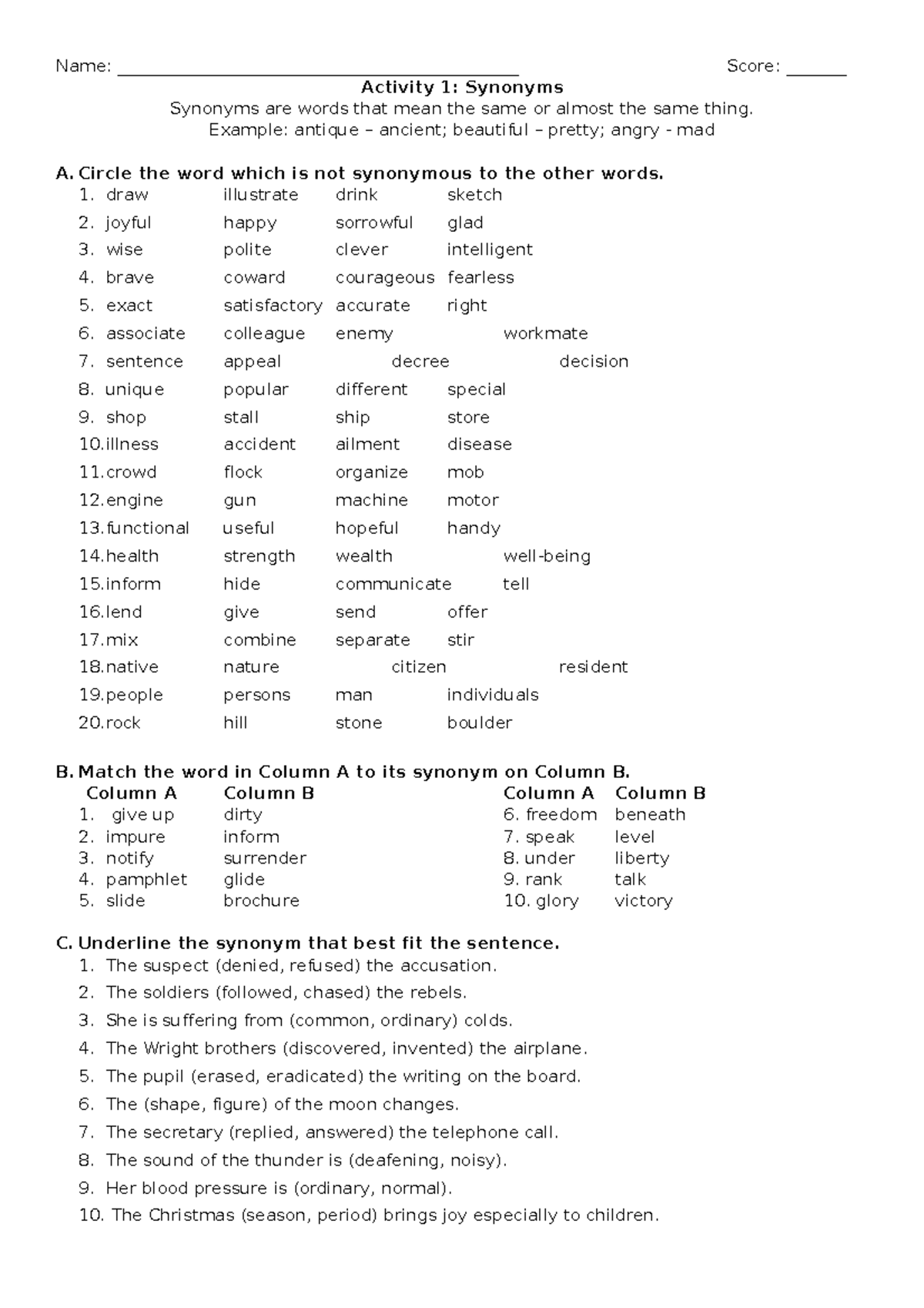 Synonyms and Antonyms Practice Activity for English 101 - Studocu