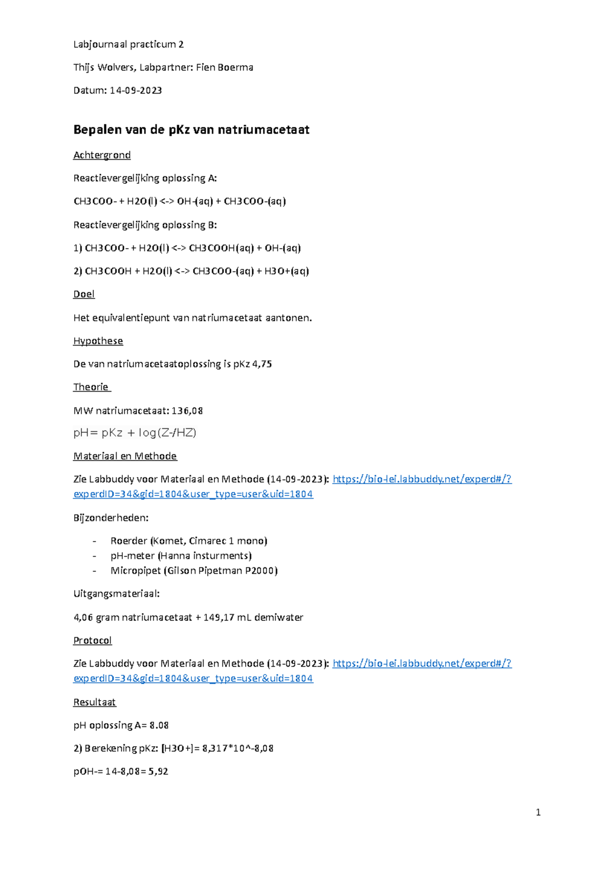 Labjournaal Practicum 2: Bepalen van de pKz van Natriumacetaat ...