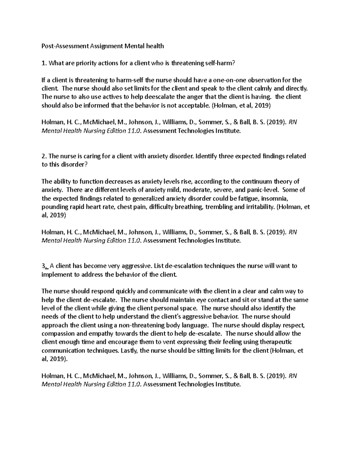 Post-Assessment Assignment Mental health - The nurse should also set ...