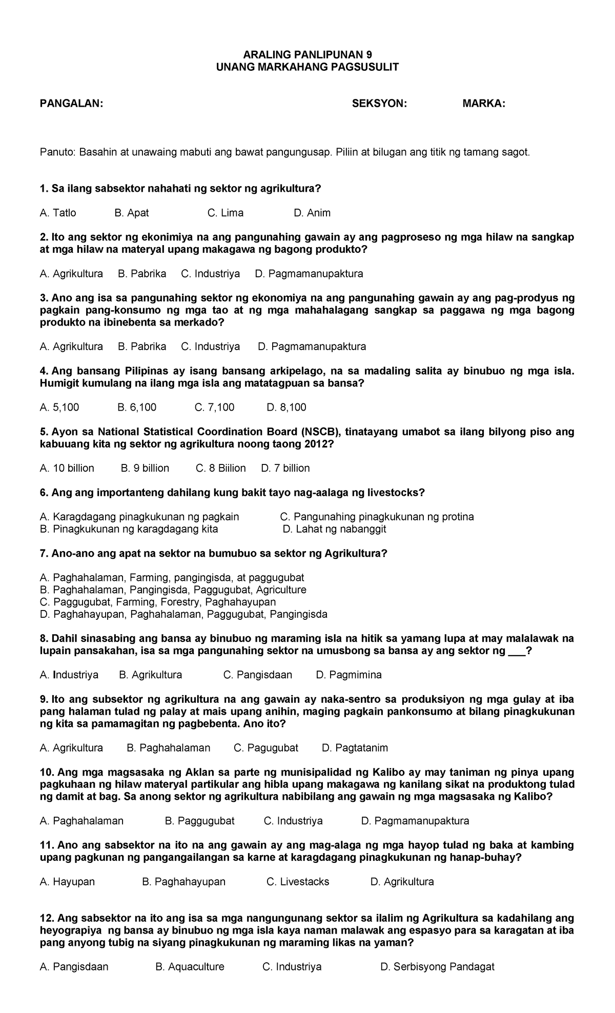 Araling-Panlipunan-9.sample.of - ARALING PANLIPUNAN 9 UNANG MARKAHANG PAGSUSULIT PANGALAN ...