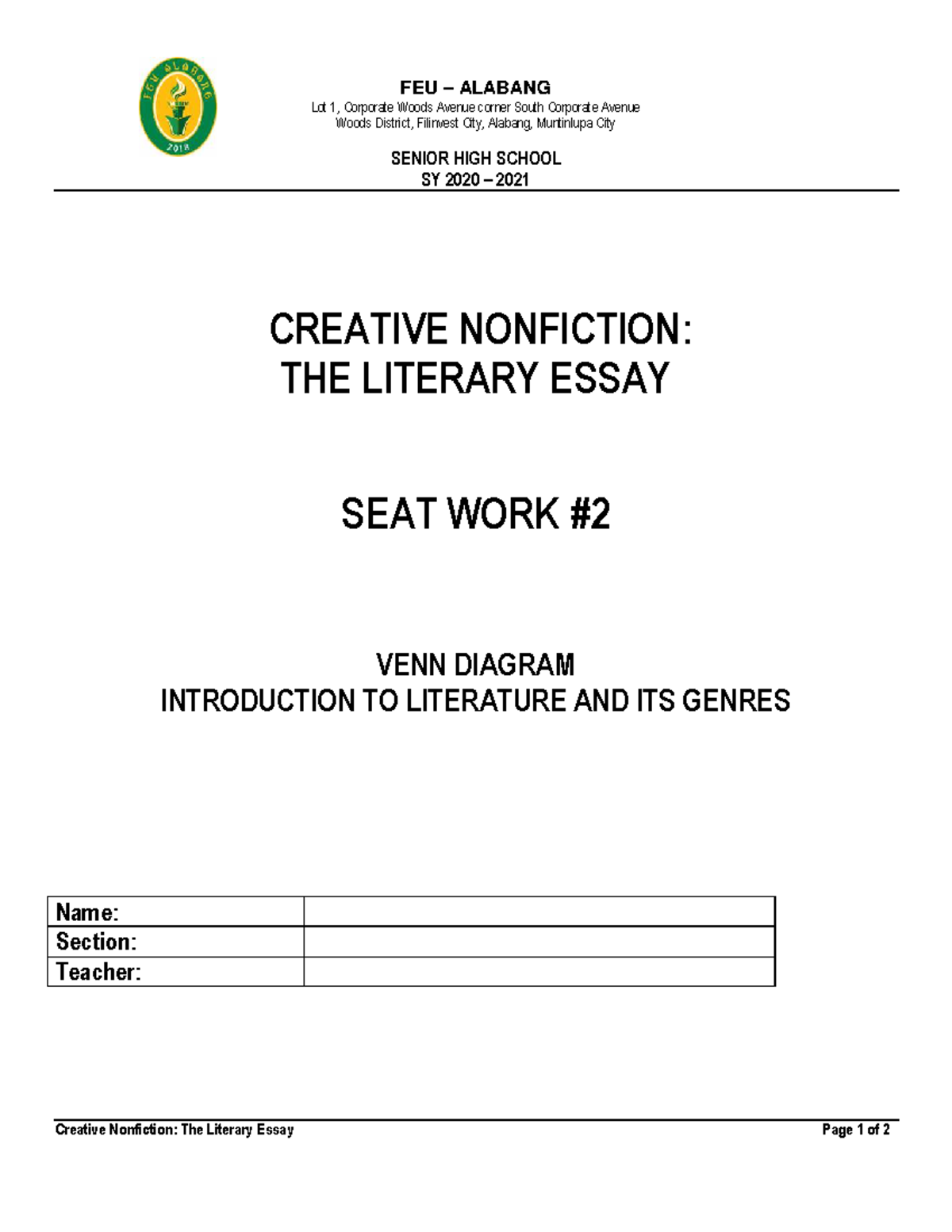 SW2 Creative Nonfiction VENN Diagram - Biology - FEU – ALABANG Lot 1 ...