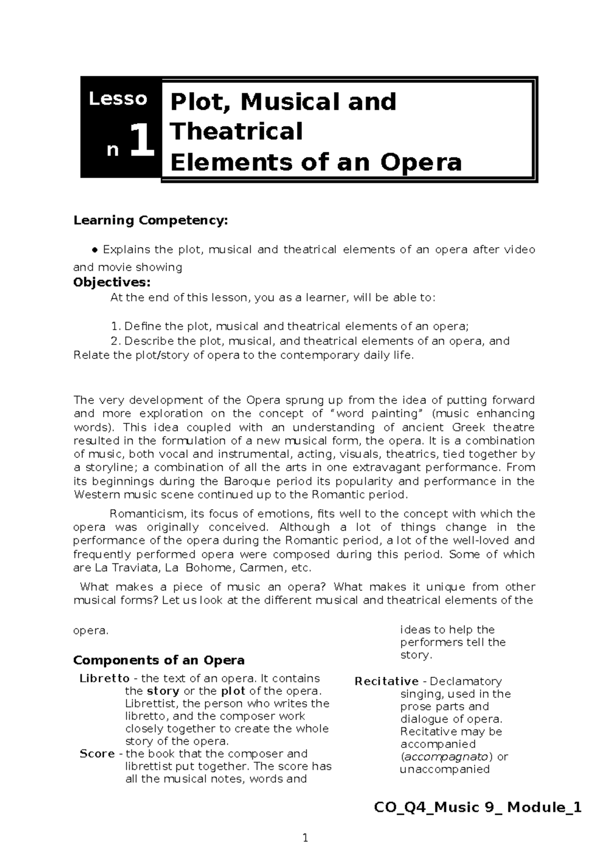Music Q4 Lesson 1: Elements of Opera and Its Historical Context - Studocu