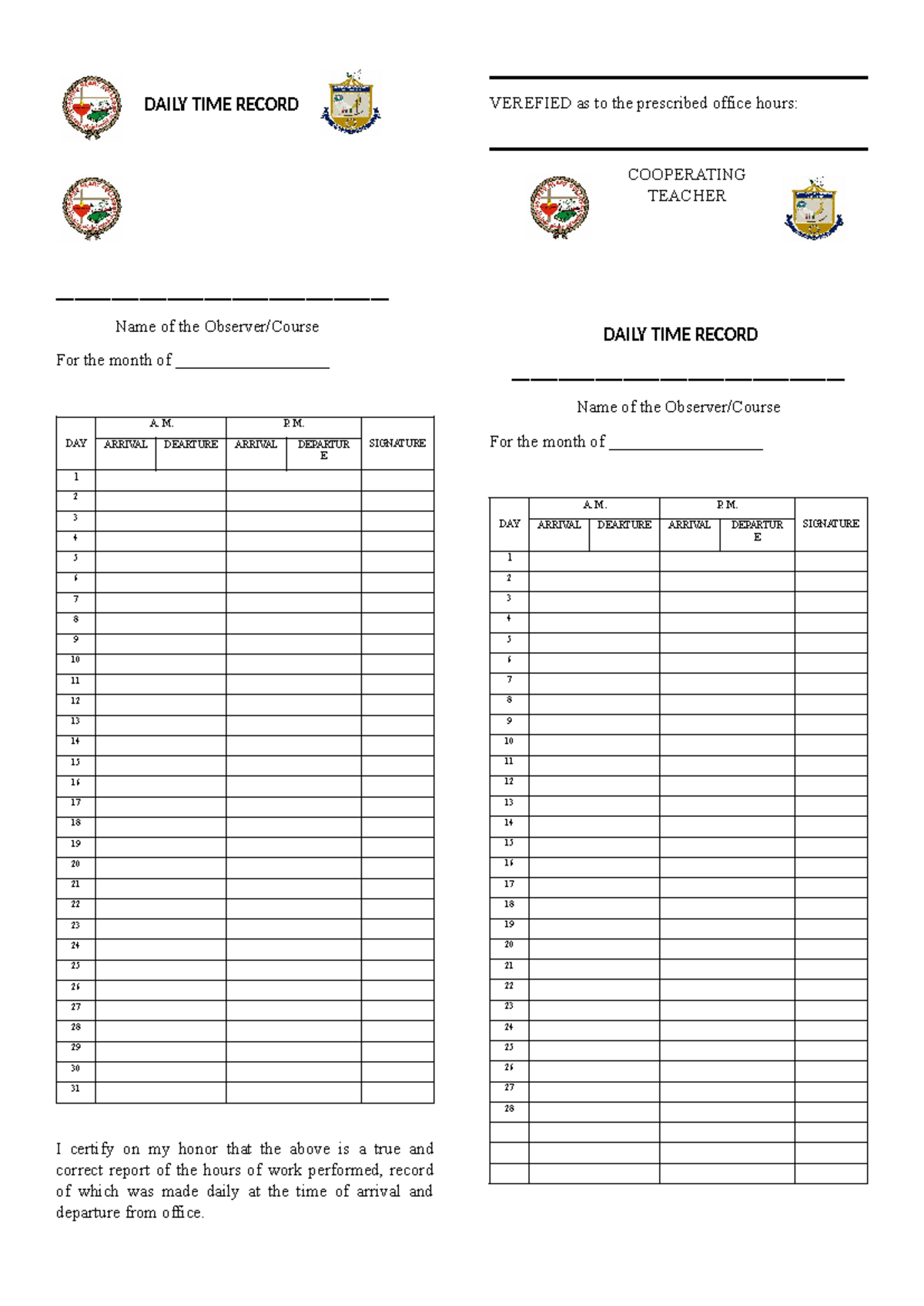 DTR - Daily Time Record Guide for Cooperating Teachers - Studocu