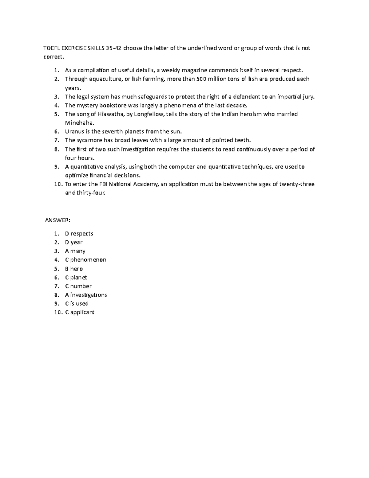 TOEFL Exercise Skills Review 39-42: Identify Errors and Corrections ...