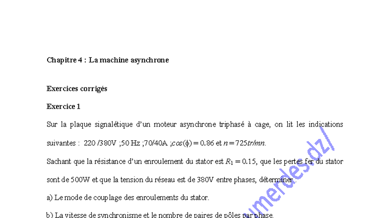 Chapitre 4 : Exercices Corrigés sur la Machine Asynchrone - Studocu