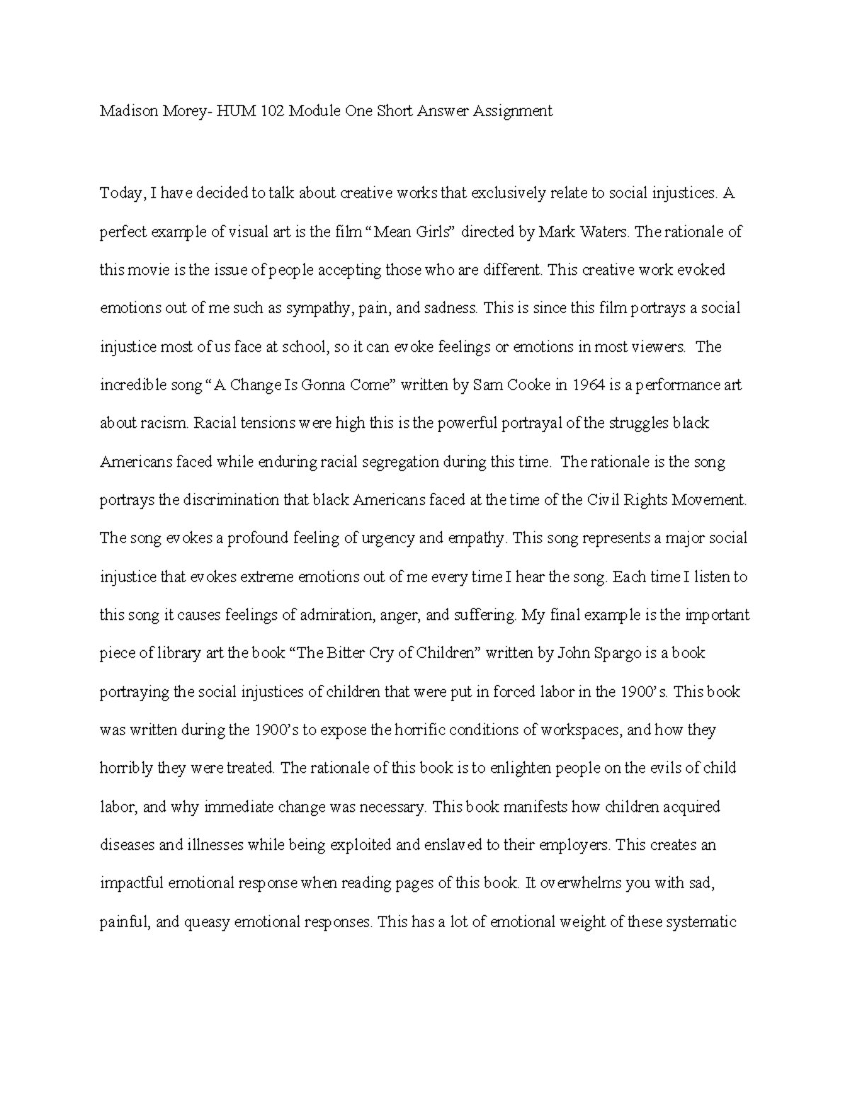 HUM 102 Module 1 Short Answer: Creative Works on Social Injustice - Studocu