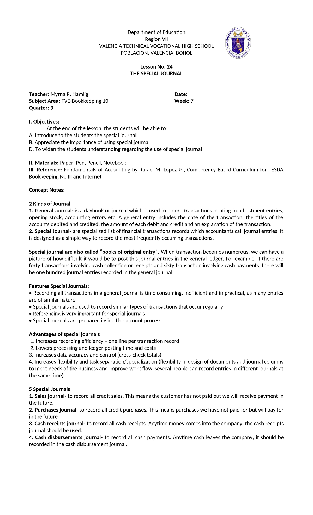 Business Mathematics 4: Lesson 24 on Special Journals - Studocu