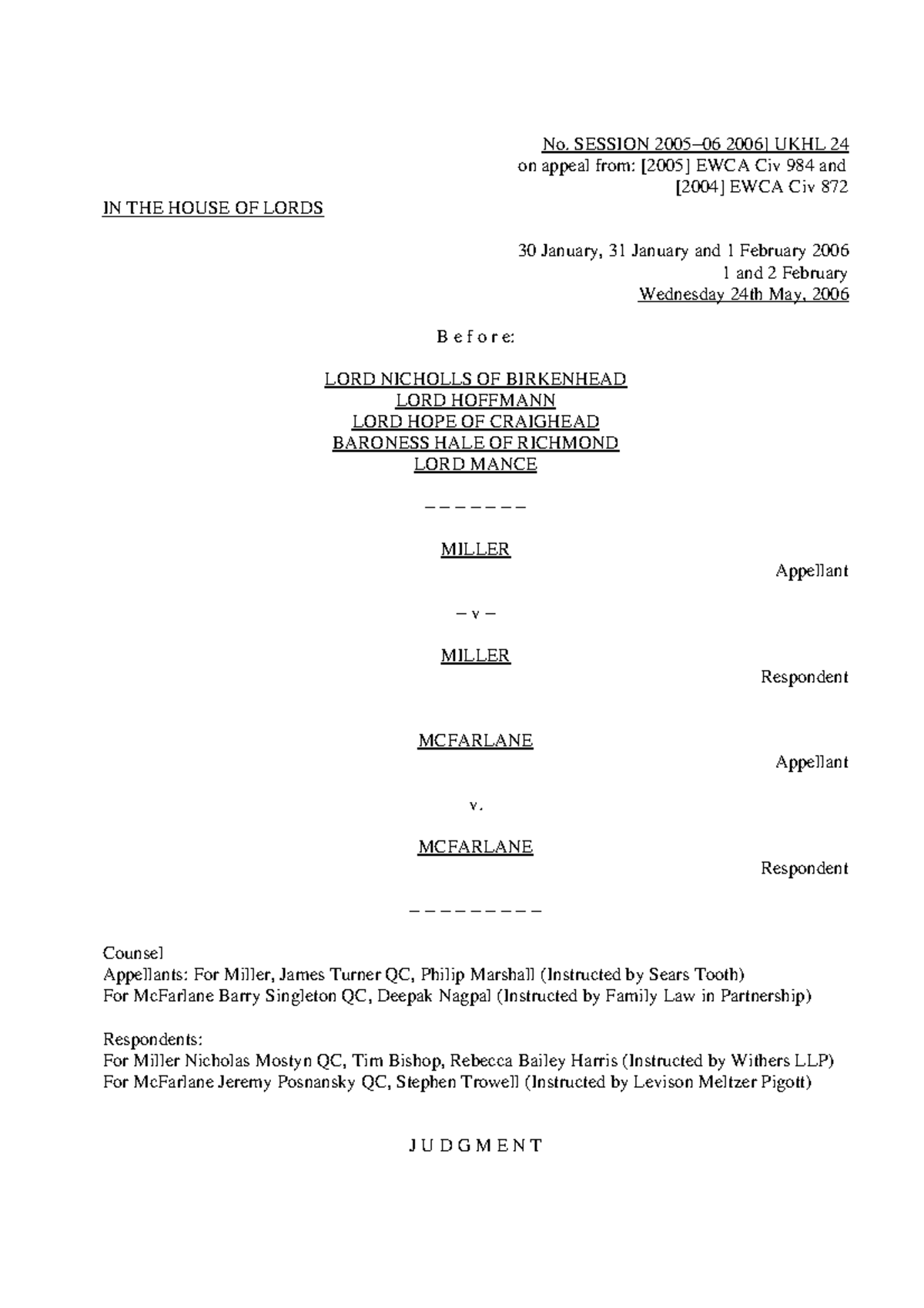 Miller v Miller: UK Supreme Court Judgment on Property Division (2006 ...