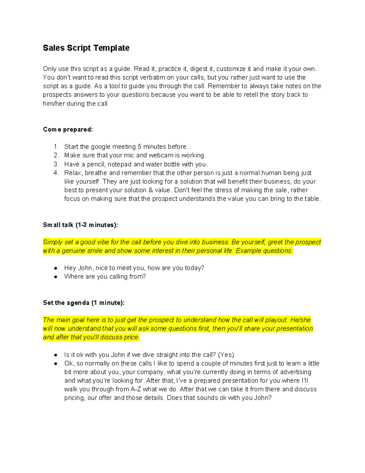 Sales Script Template - ewfsefs - Sales Script Template Only use this ...