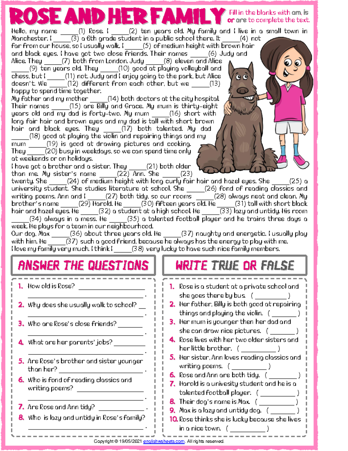 ESL Reading Comprehension Worksheet: Rose and Her Family (1) - Studocu