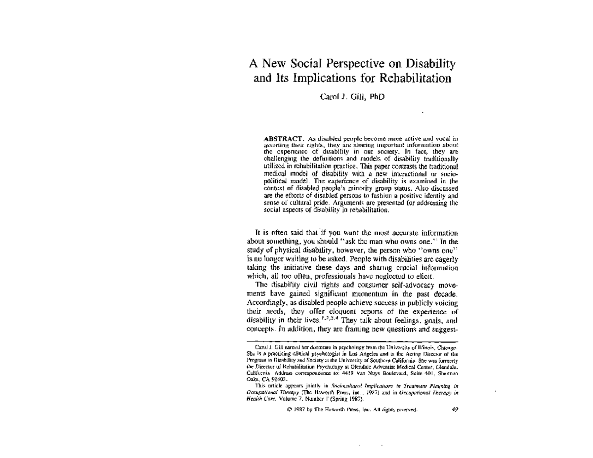 Gill 1987: Medical vs. Social Models of Disability in Rehabilitation ...