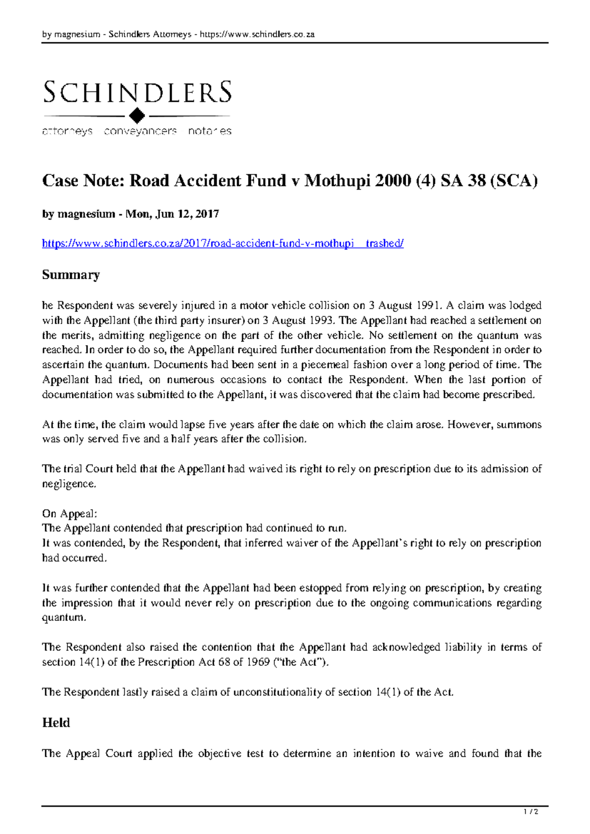 Magnesium Case Note: Road Accident Fund v Mothupi (4) SA 38 (SCA) - Studocu