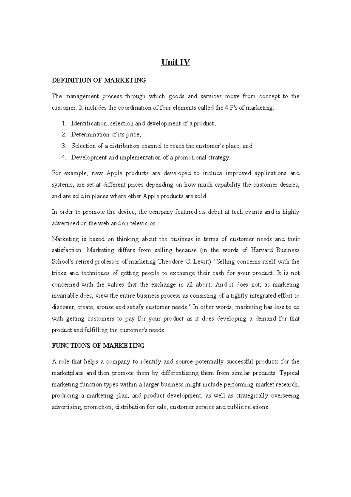 Unit IV: Understanding Marketing Concepts and Functions - Studocu