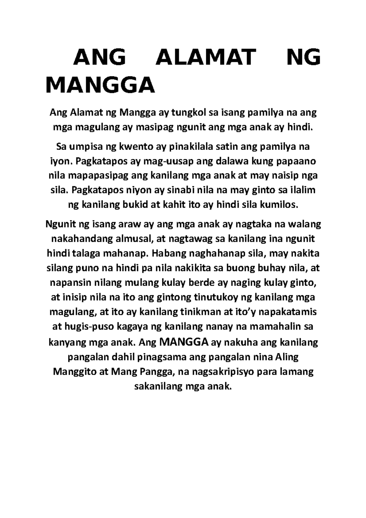 Alamat ng Mangga: Isang Kuwento ng Sakripisyo ng Magulang - Studocu