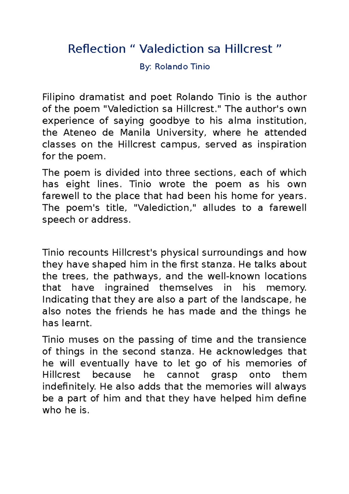 Analysis of "Valediction sa Hillcrest" by Rolando Tinio - Studocu