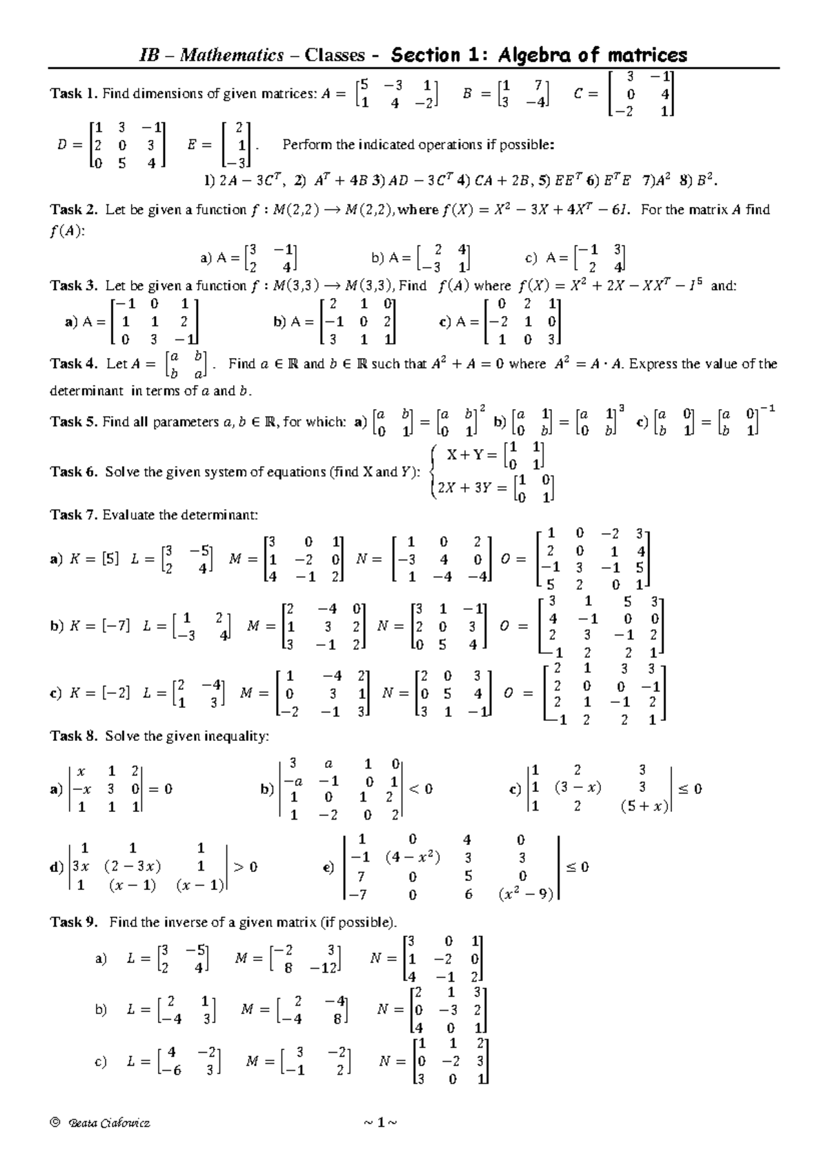 IB Mathematics Classes: Section 1 - Algebra of Matrices Tasks - Studocu
