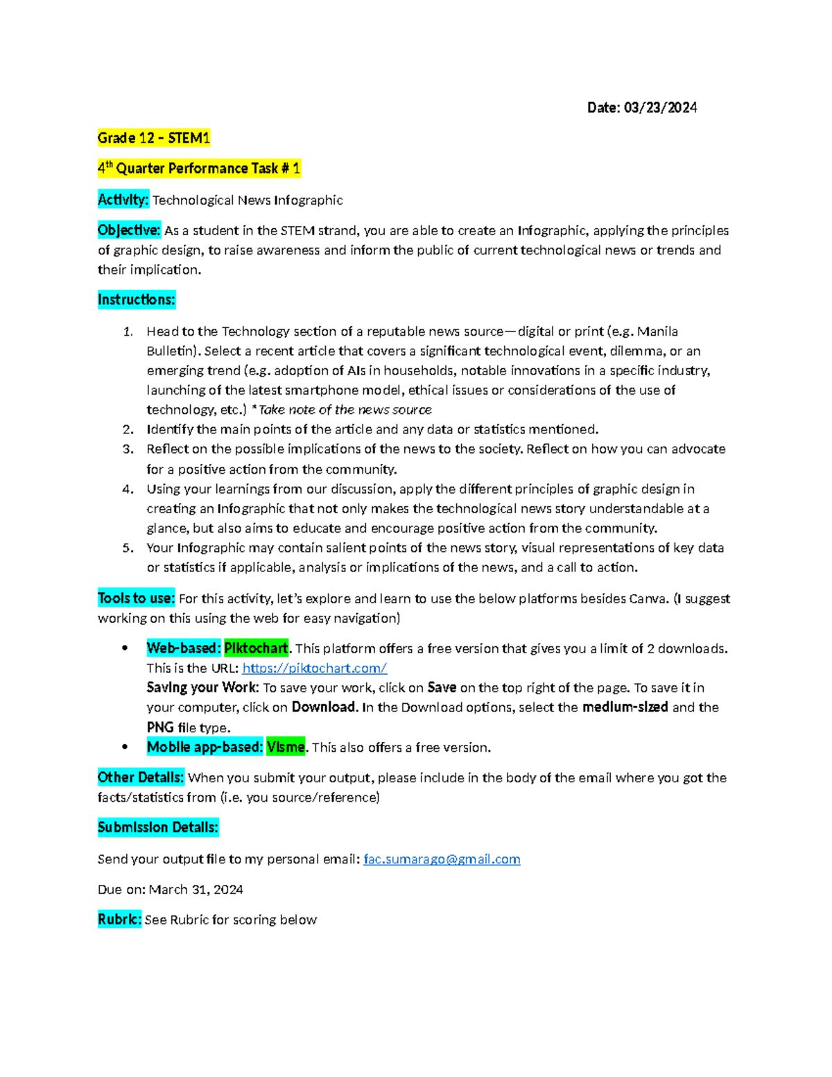 Grade 12 STEM: 4th Quarter Performance Task on Technological ...