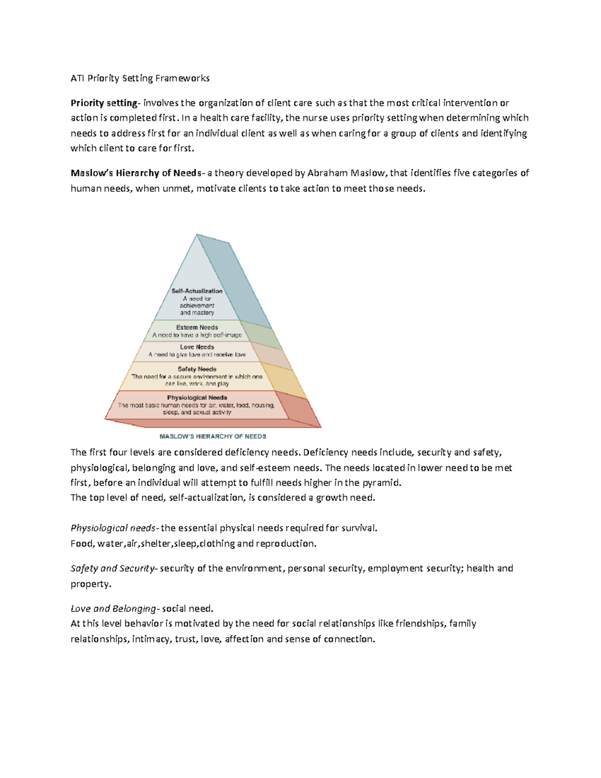 ATI PN Priority Setting Frameworks Notes for Nursing Care - Studocu