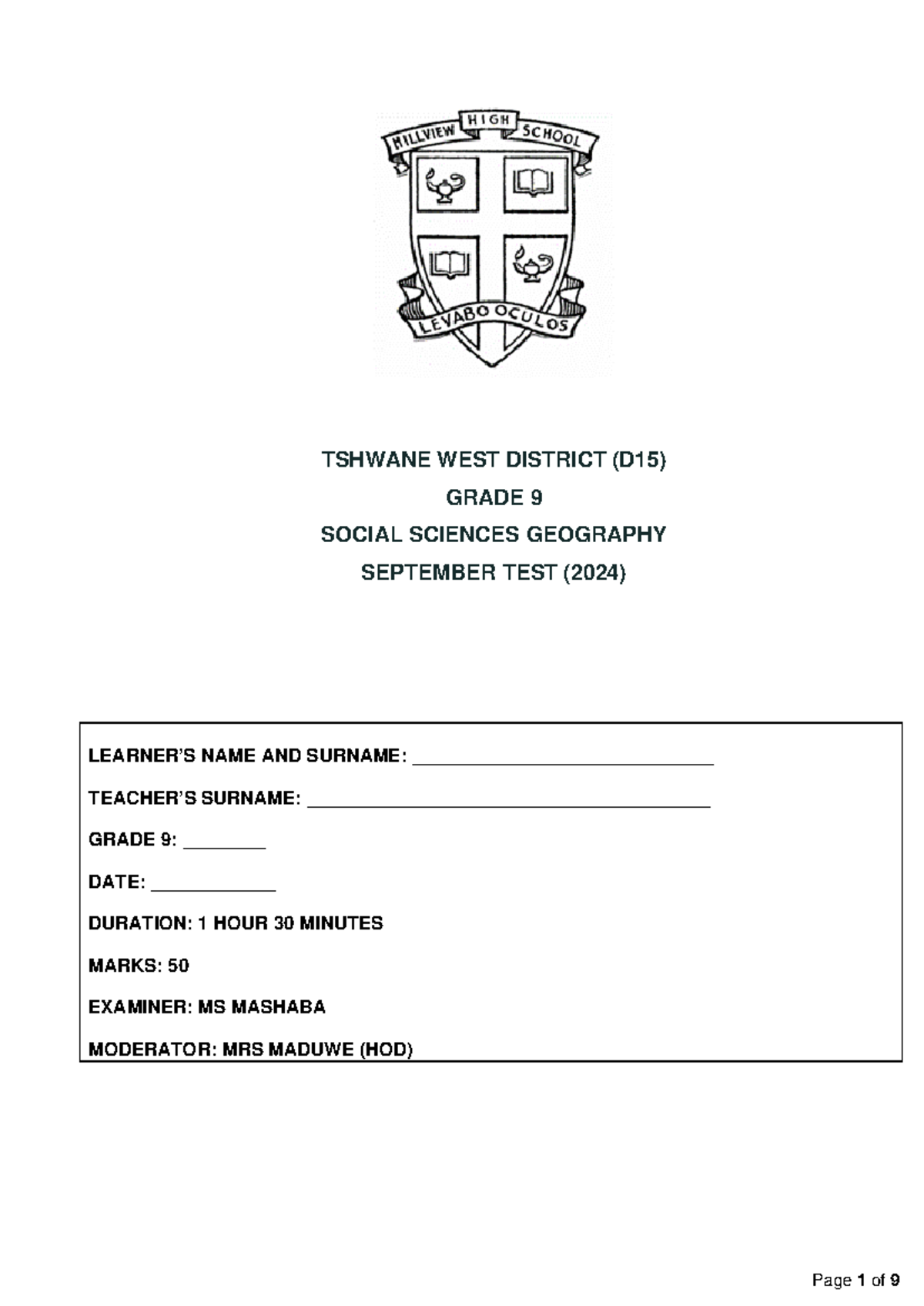 Grade 9 Social Sciences Geography Sept Test (2024) - Class Assessment ...