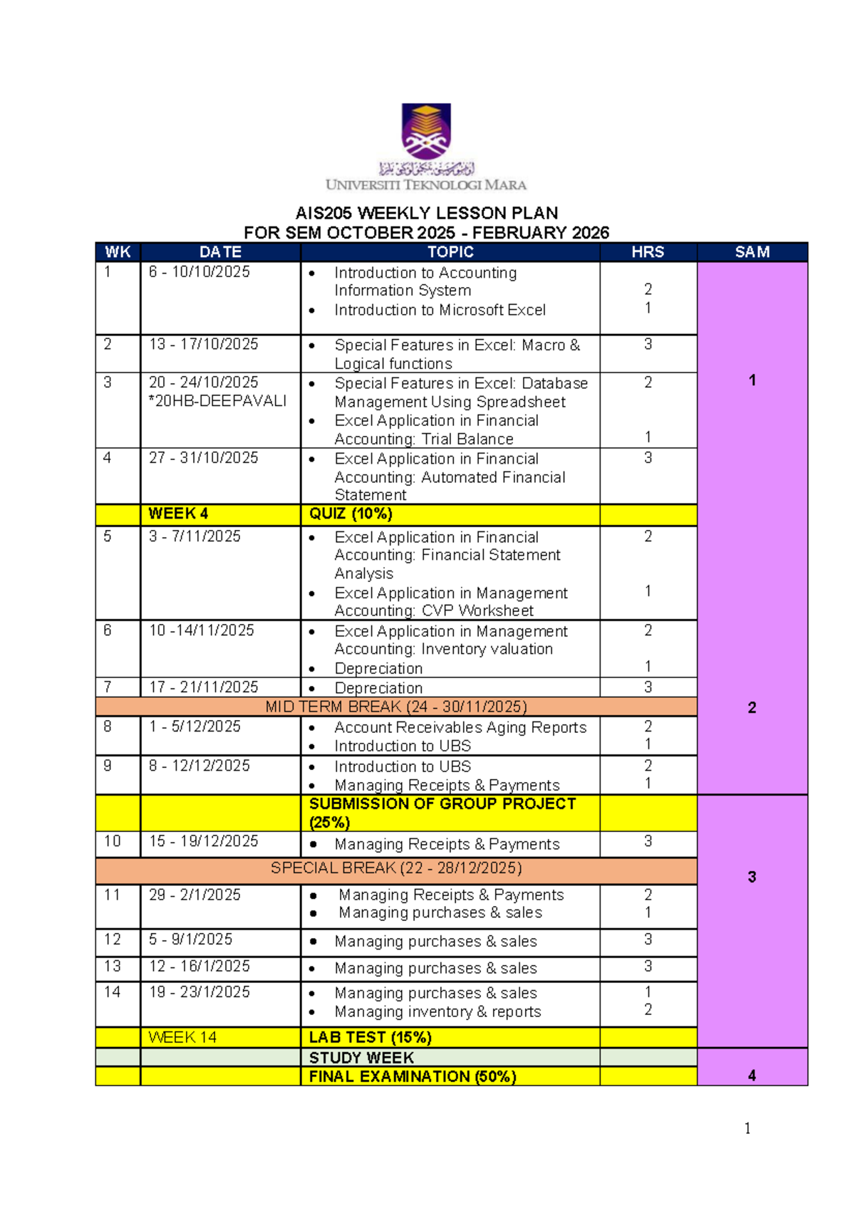 AIS205 LESSON PLAN OCT 2025 - FEB 2026: WEEKLY OVERVIEW - Studocu