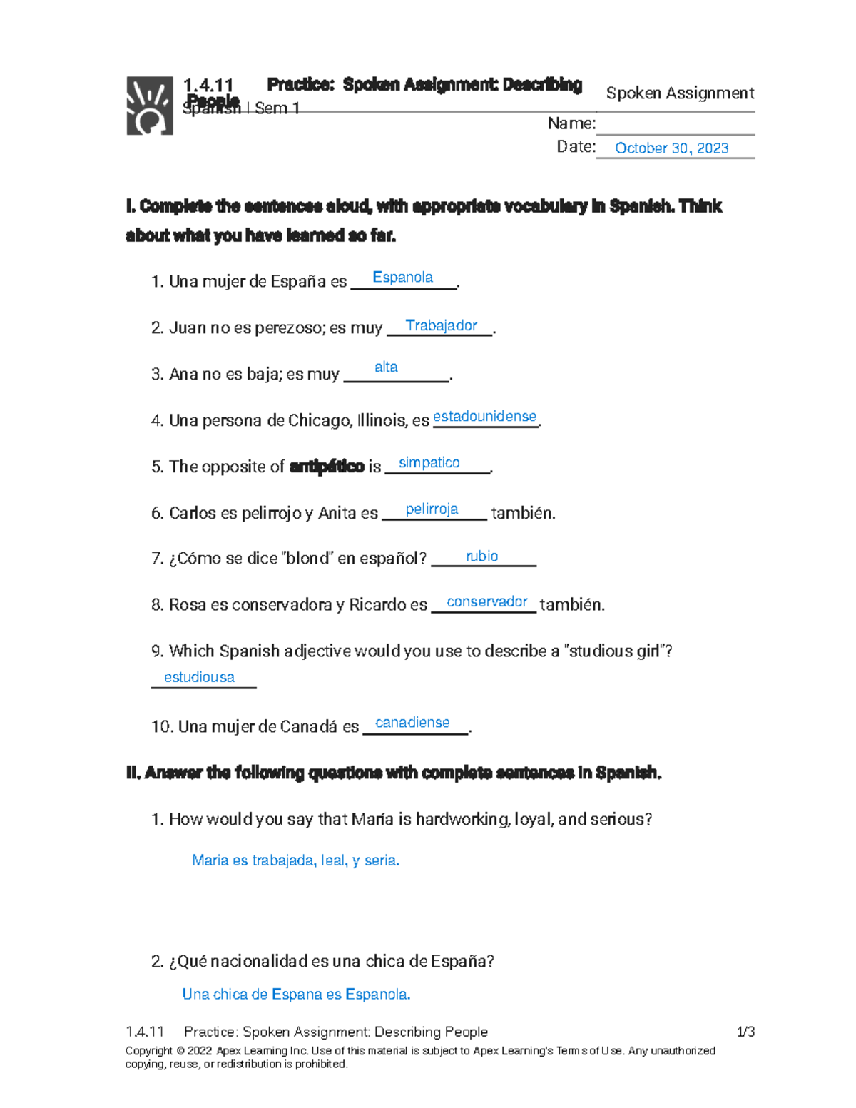 Spanish I Sem 11 - Practice: Spoken Assignment on Describing People ...