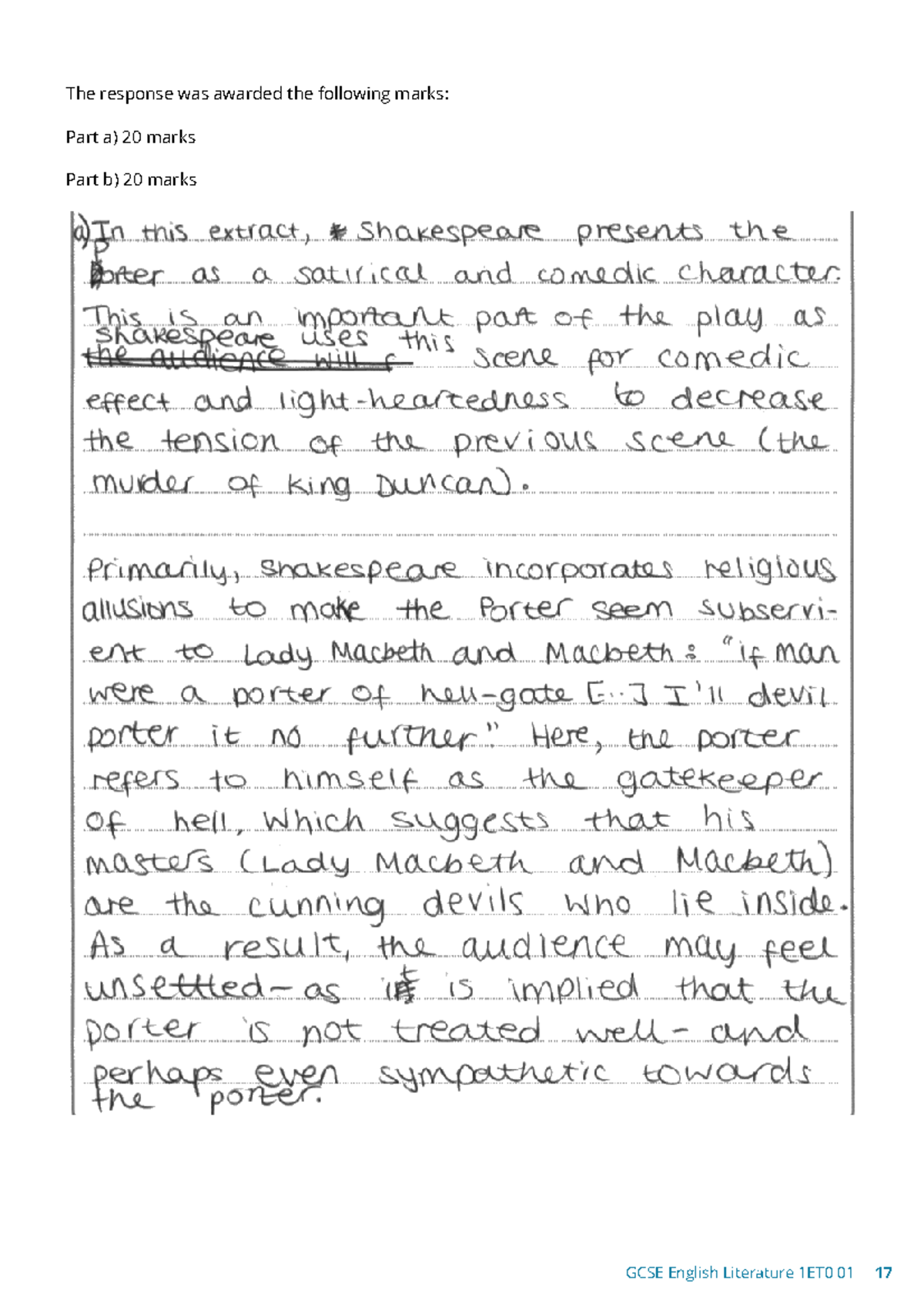GCSE English Literature 1ET0 01 Macbeth Exemplar Scripts - 20/20 - Studocu